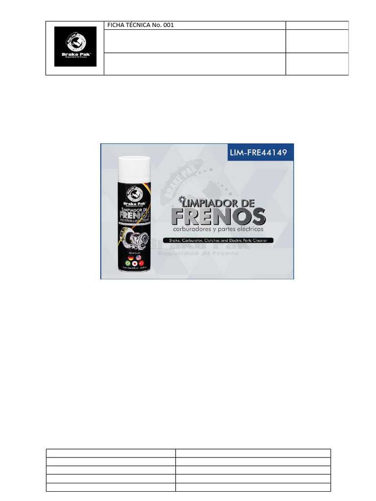 Ficha Tecnica Limpiador Brake Pak | PDF | Agua | Líquidos