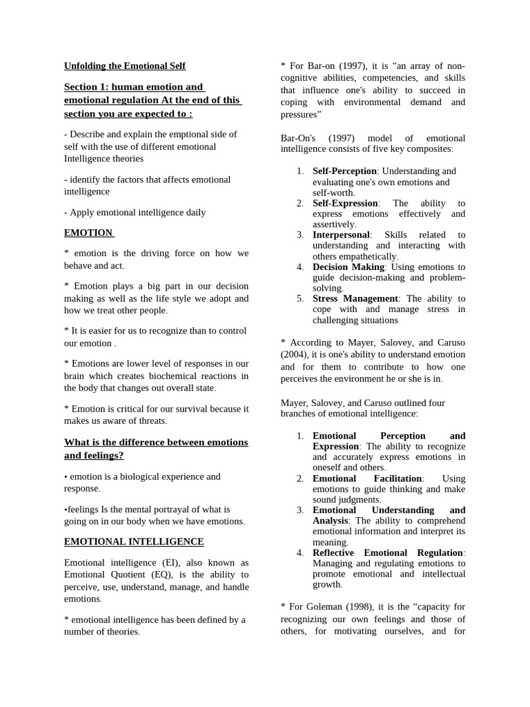 Unfolding The Emotional Self HANDOUT SOFT COFY 3 1 | PDF | Emotional ...