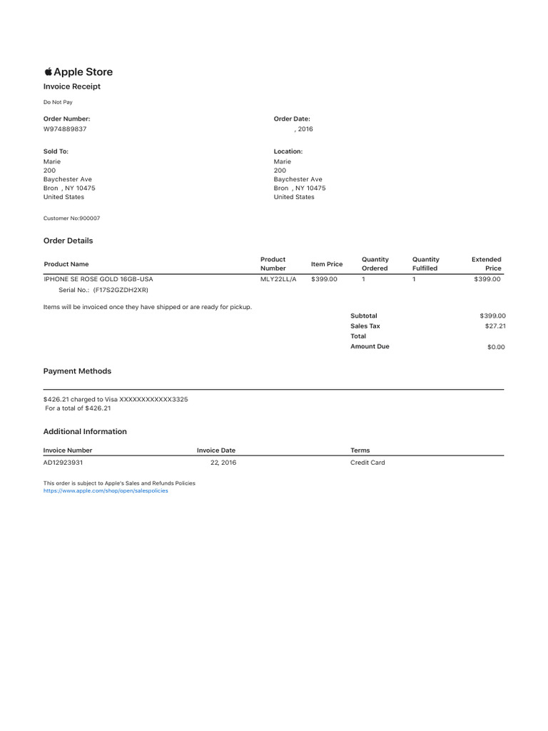 Receipt Iphone SE (Apple Store) | PDF