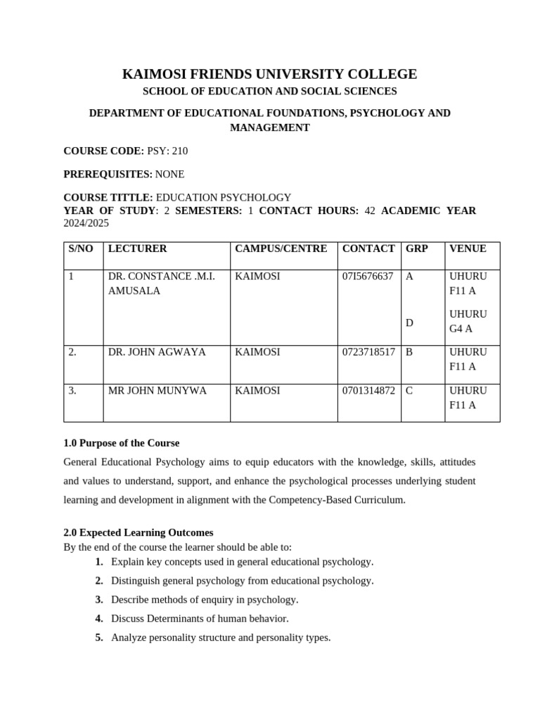 Psy 210 Course Outline | PDF | Educational Psychology | Psychology