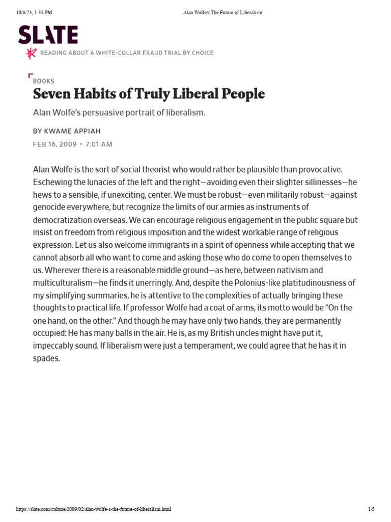 Alan Wolfe's The Future of Liberalism (GOV 301 Article 10:10) | PDF ...
