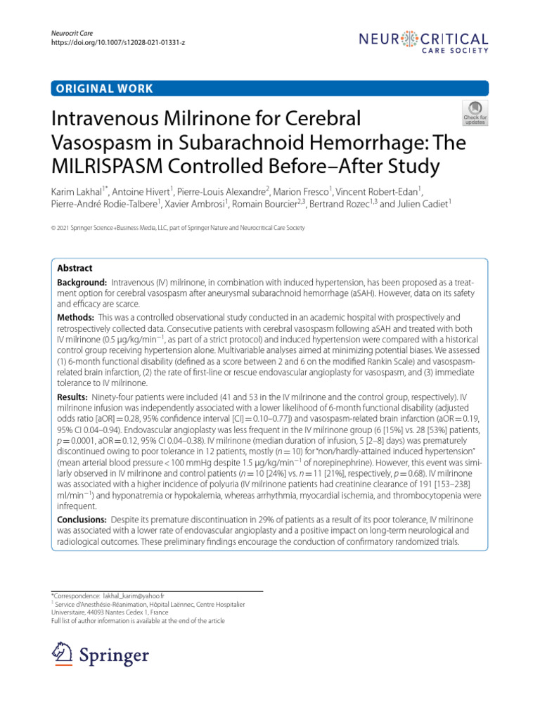 OBS IV Milrinone For Cerebral Vasospasm in Subarachnoid Hemorrhage ...