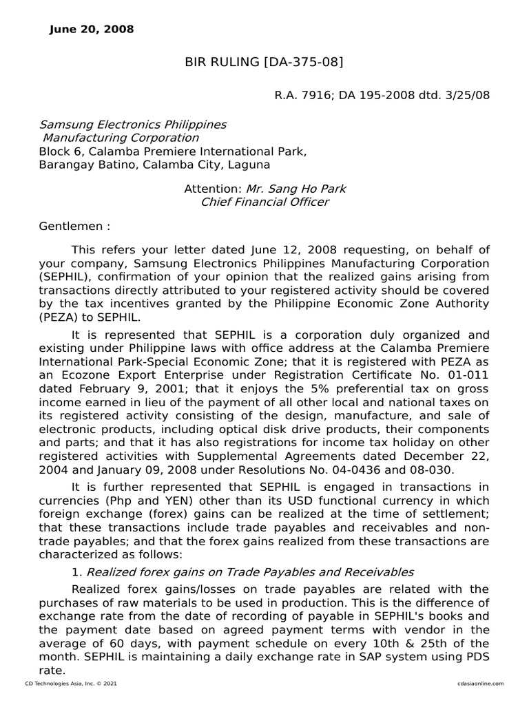 Bir Ruling (Da 375-08) - Realized Forex Loss and Basis of WHT On Foreign Currency Denominated ...