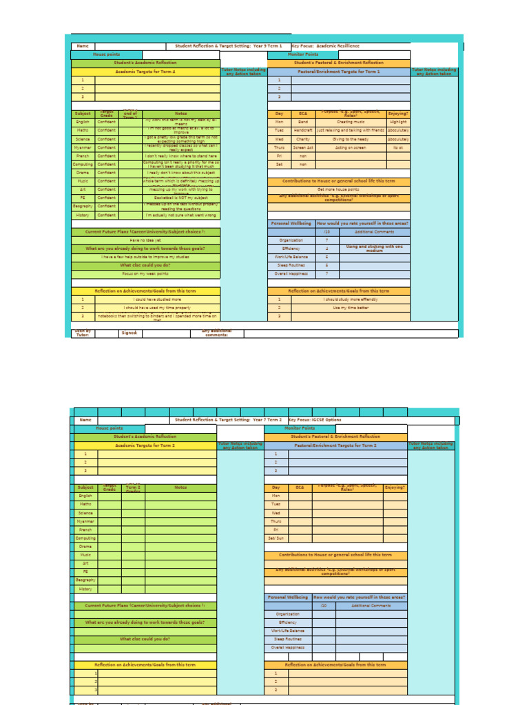 Yr9 Network Student Reflection & Target Tracker | PDF