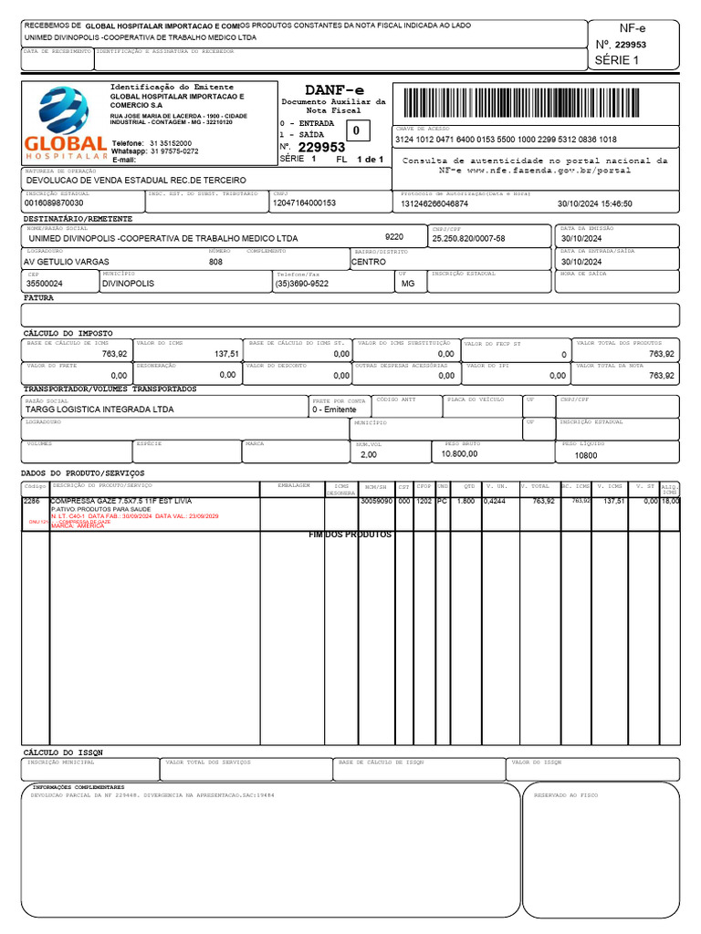 Devolucao Parcial 229953 Ref. NF 229448 | PDF | Documentos empresariais