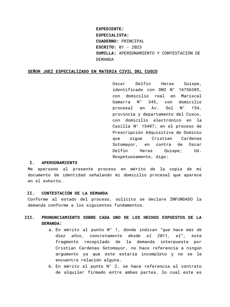 Contestación de Demanda Civil 2023 | PDF | Posesión (Ley) | Justicia