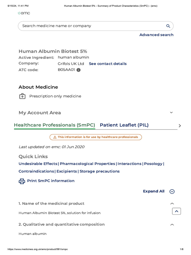 Human Albumin Biotest 5% - Summary of Product Characteristics (SMPC ...