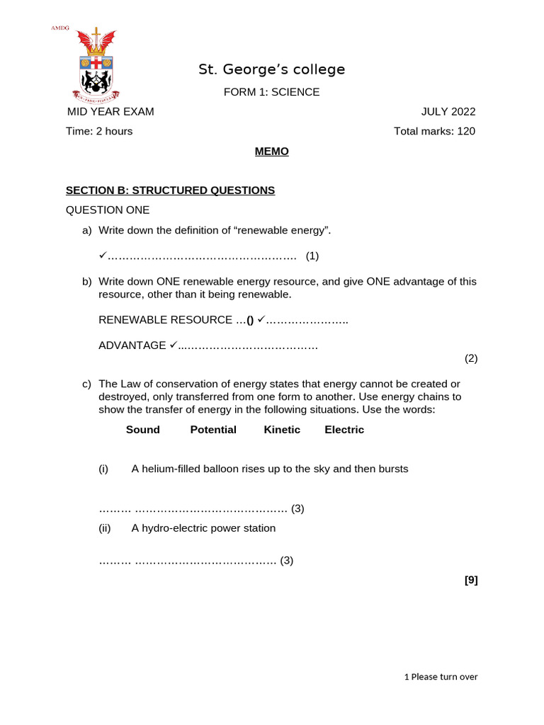 Practise Paper Form One B and R Saint Georges | PDF | Chemical Elements ...