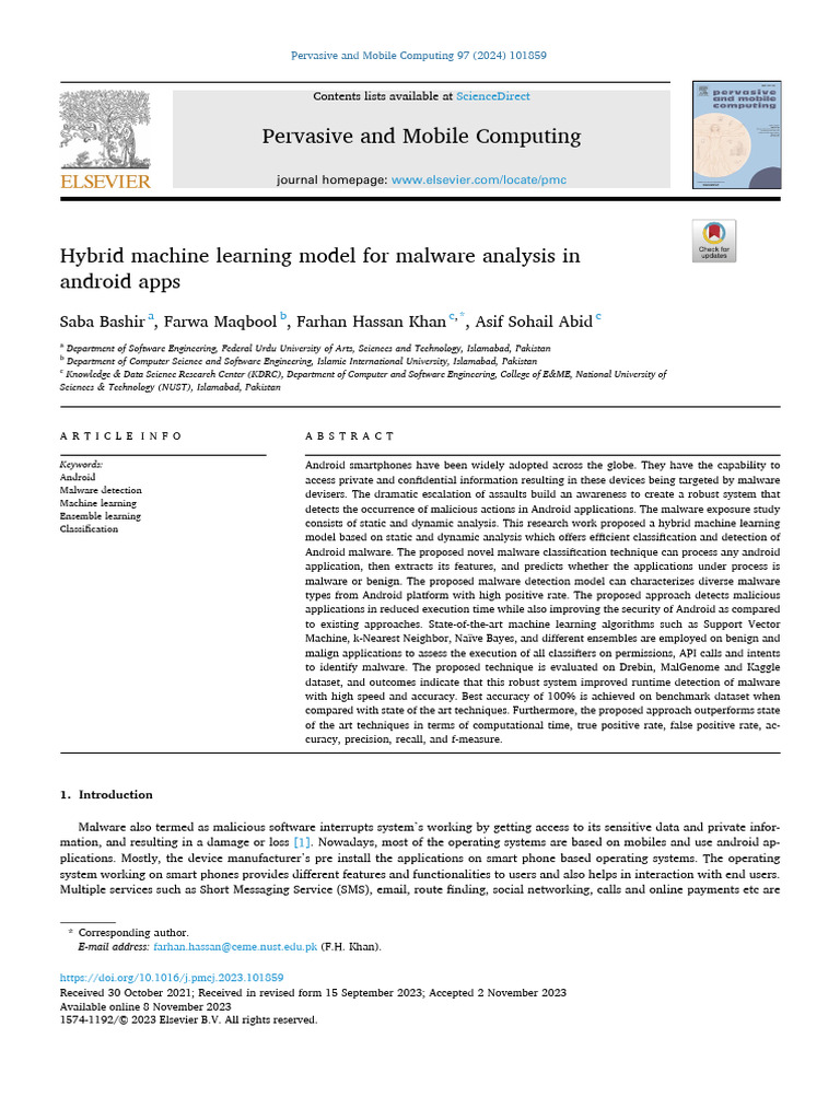 Hybrid Machine Learning Model For Malware Analysis In Pdf Malware Android Operating System