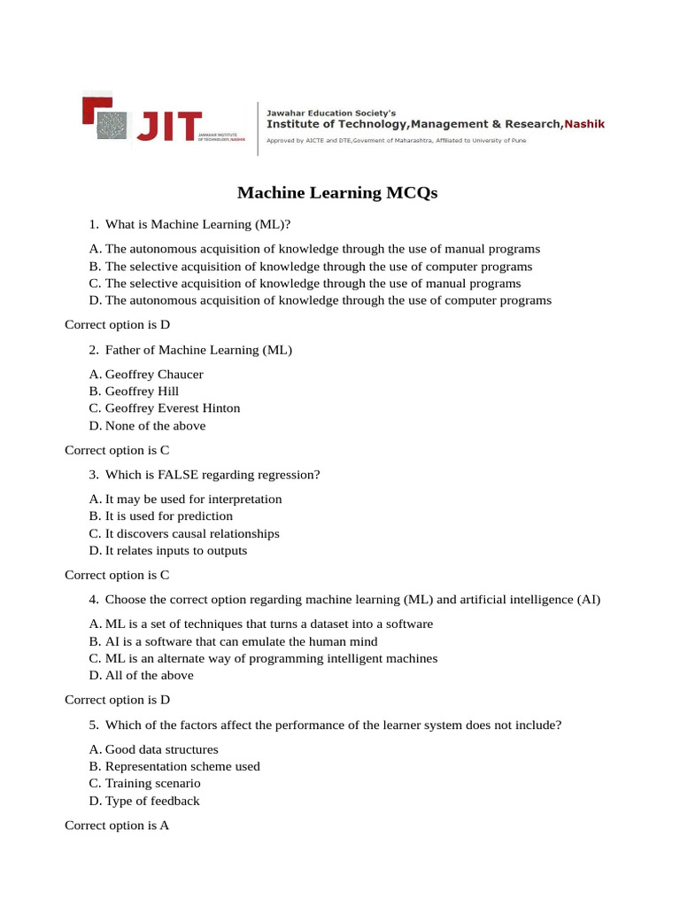 ML Mcqs | PDF | Artificial Neural Network | Machine Learning