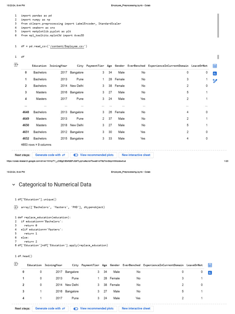 Employee - Preprocessing - Ipynb - Colab | PDF | Data Analysis | Computer Programming