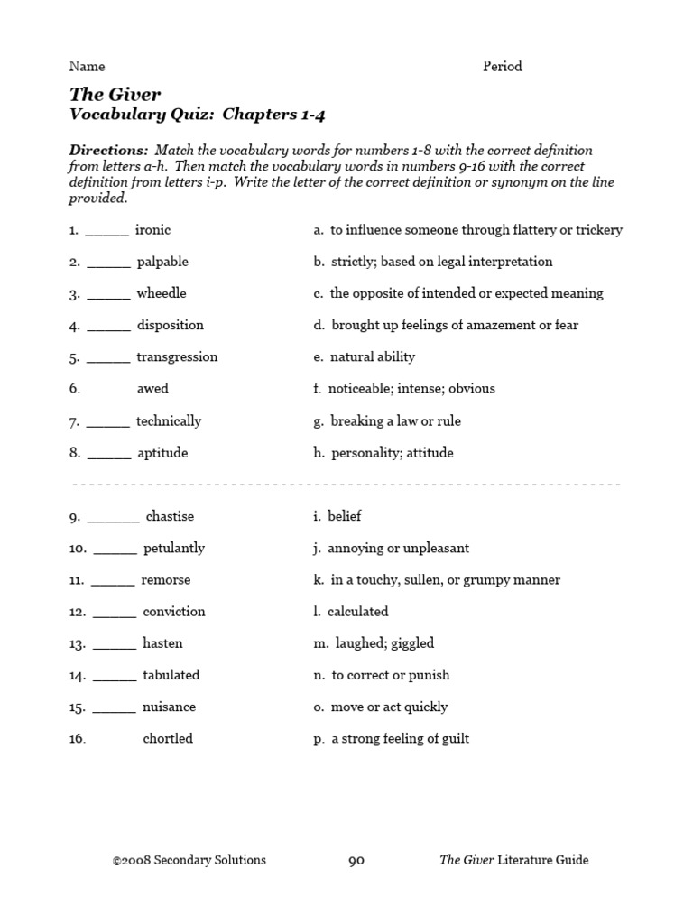 Vocabulary Quizzes for "The Giver" | PDF | Emotions | Cognitive Science