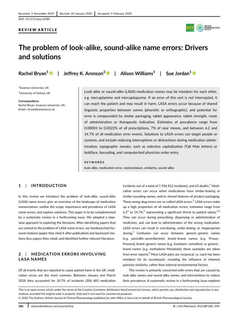 Brit J Clinical Pharma - 2020 - Bryan - The Problem of Look Alike Sound Alike Name Errors ...