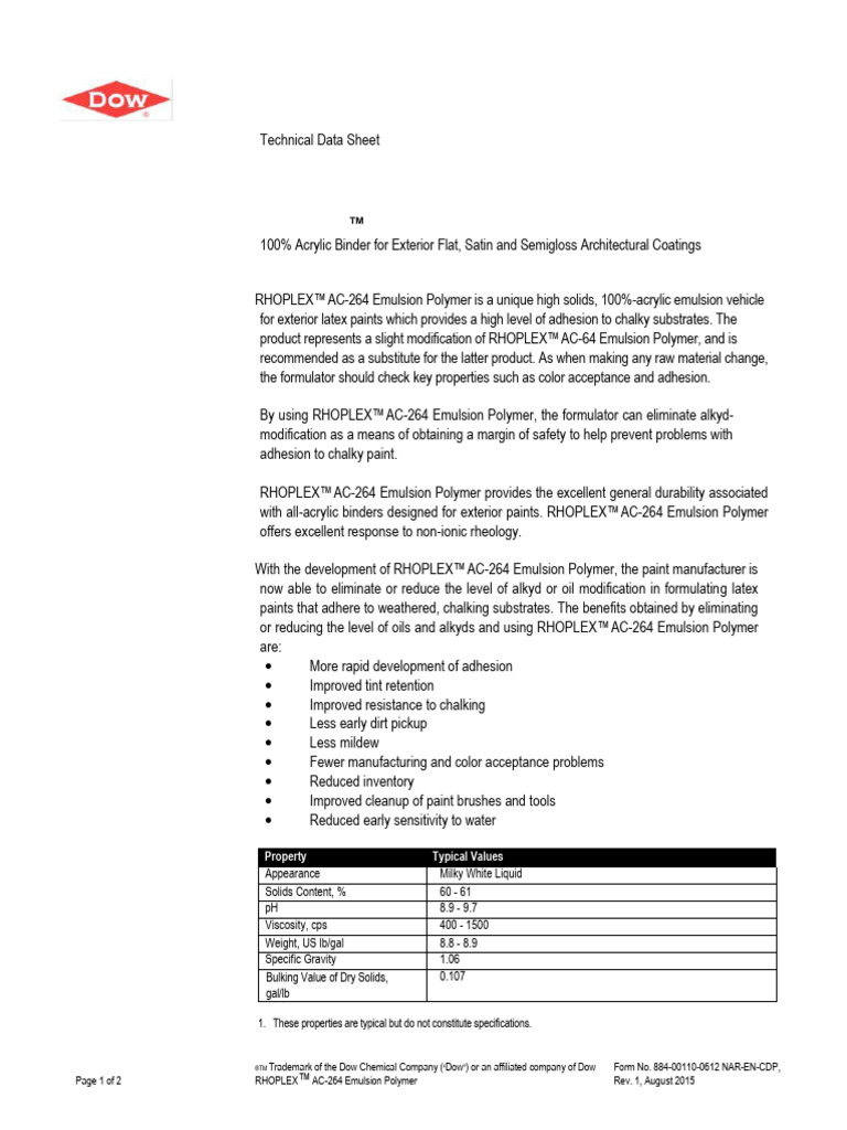 884 00110 01 Rhoplex Ac264 Emulsion Polymer Tds | PDF | Paint | Materials