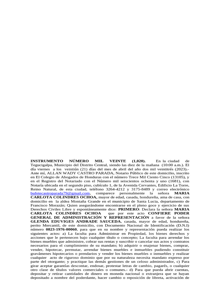 1020-2023 Poder de Administracion Carlos Ernesto Caballero. Abg Rafa Tegucigalpa | PDF ...