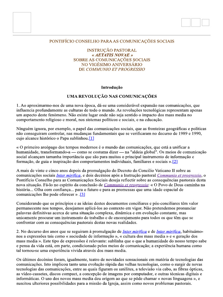 INSTRUÇÃO PASTORAL - AETATIS NOVAE - Sobre As Cominicações Sociais No ...