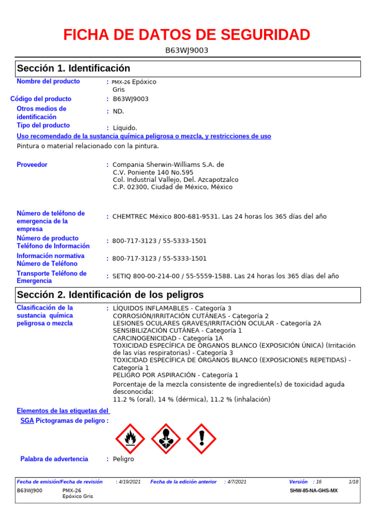 Ficha de Seguridad PMX-26 Epóxico Gris | PDF | Agua | Respiración