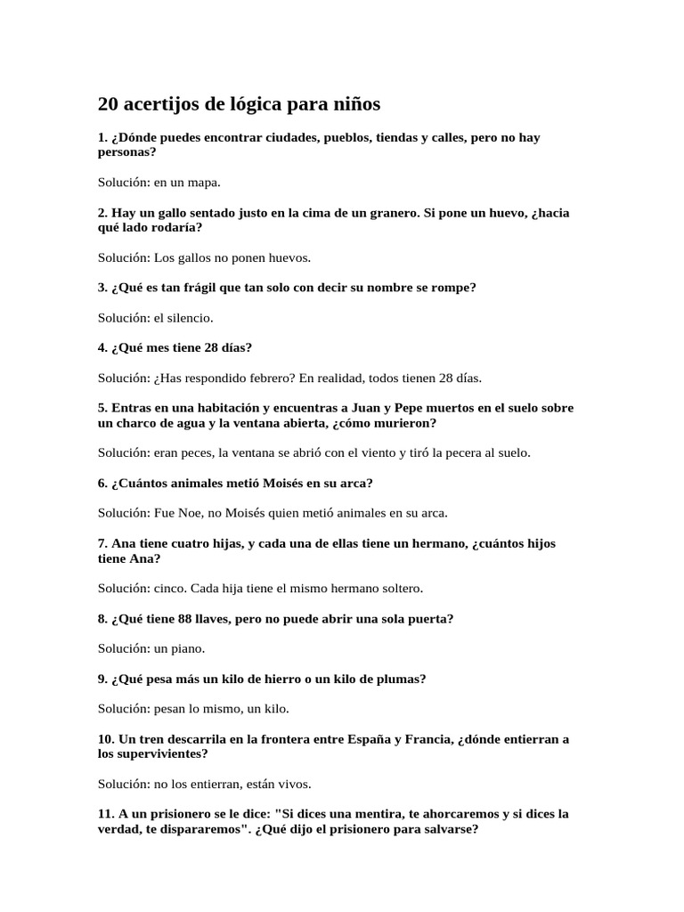 20 acertijos de lógica para niños_SOLUCIONES | PDF