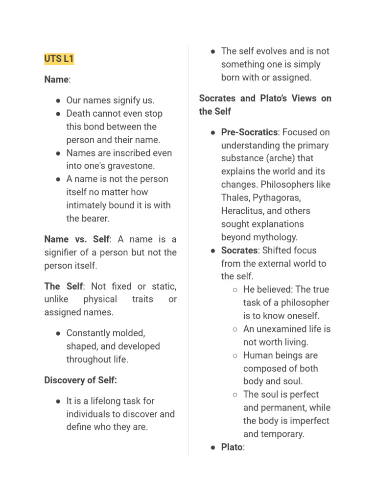 Uts L1 Name Socrates and Plato's Views On The Self Pre-Socratics | PDF ...
