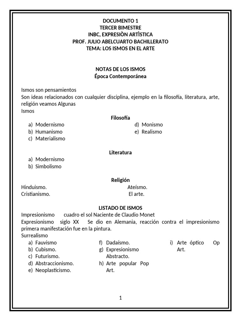 Doc. Expre. 4 Bach. Expre. Notas de Los Ismos 2024 | PDF | Vanguardia | Cubismo