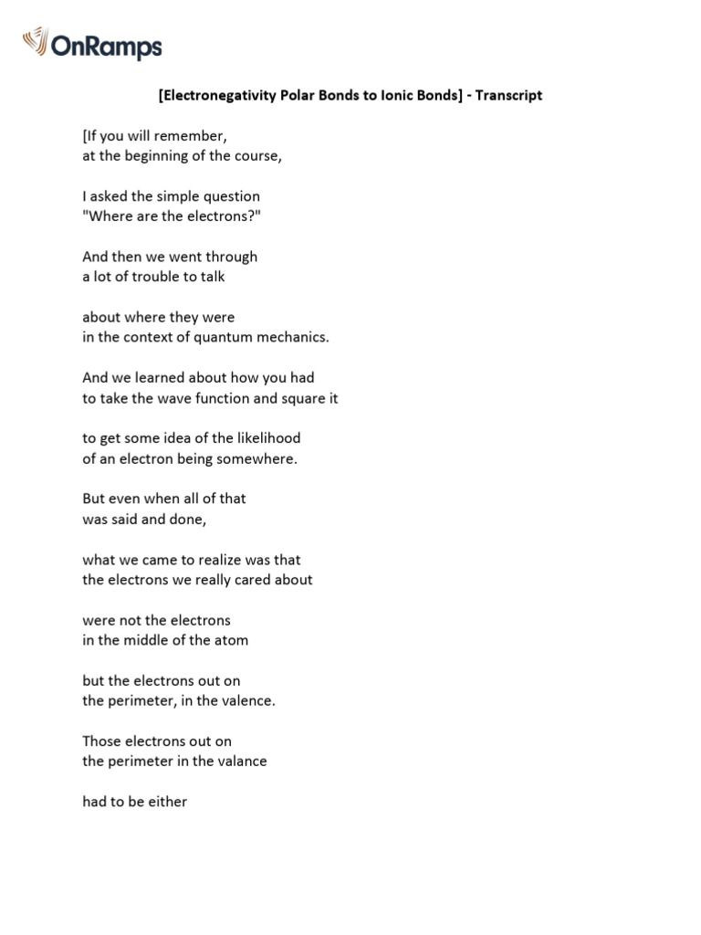 Electronegativity Polar Bonds To Ionic Bonds | PDF | Chemical Bond | Ionic Bonding