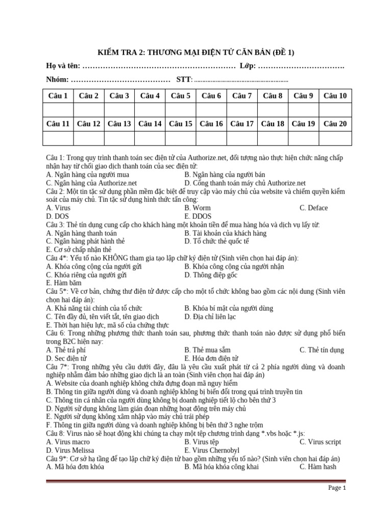 Đề ktra TMĐTCB 2 | PDF