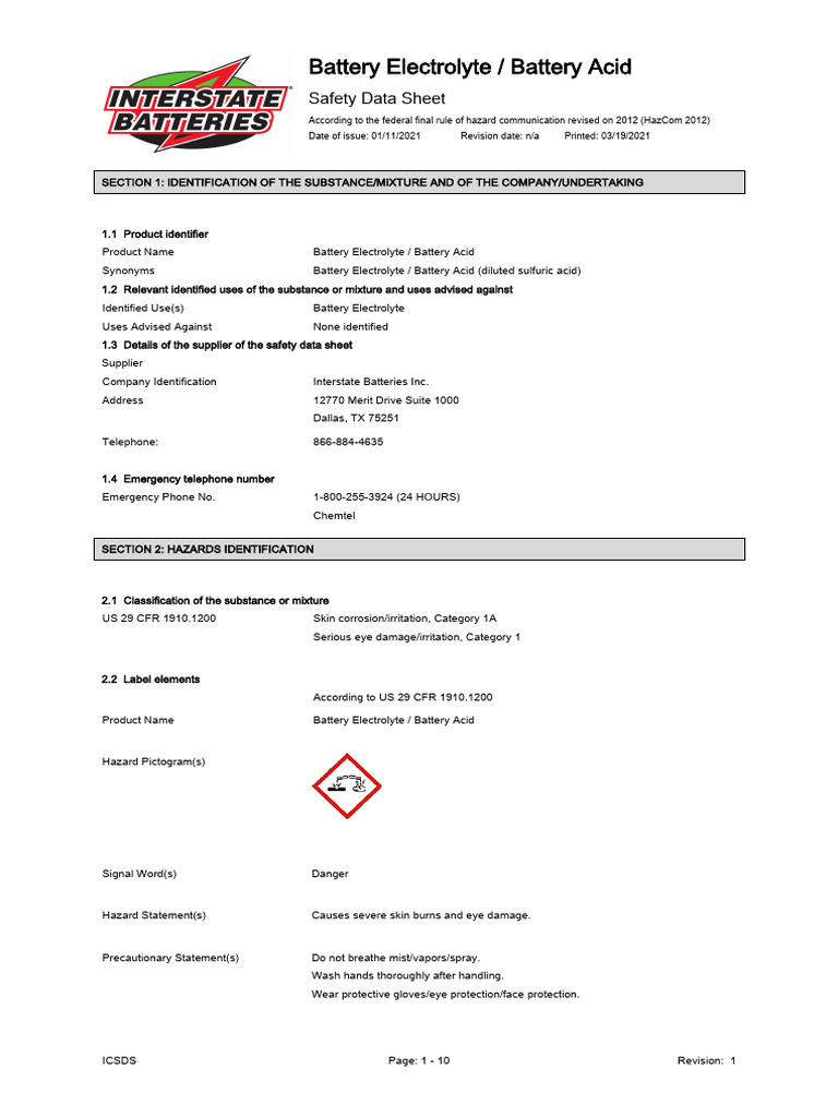 Battery Electrolyte - US SDS - 03 19 2021 | PDF
