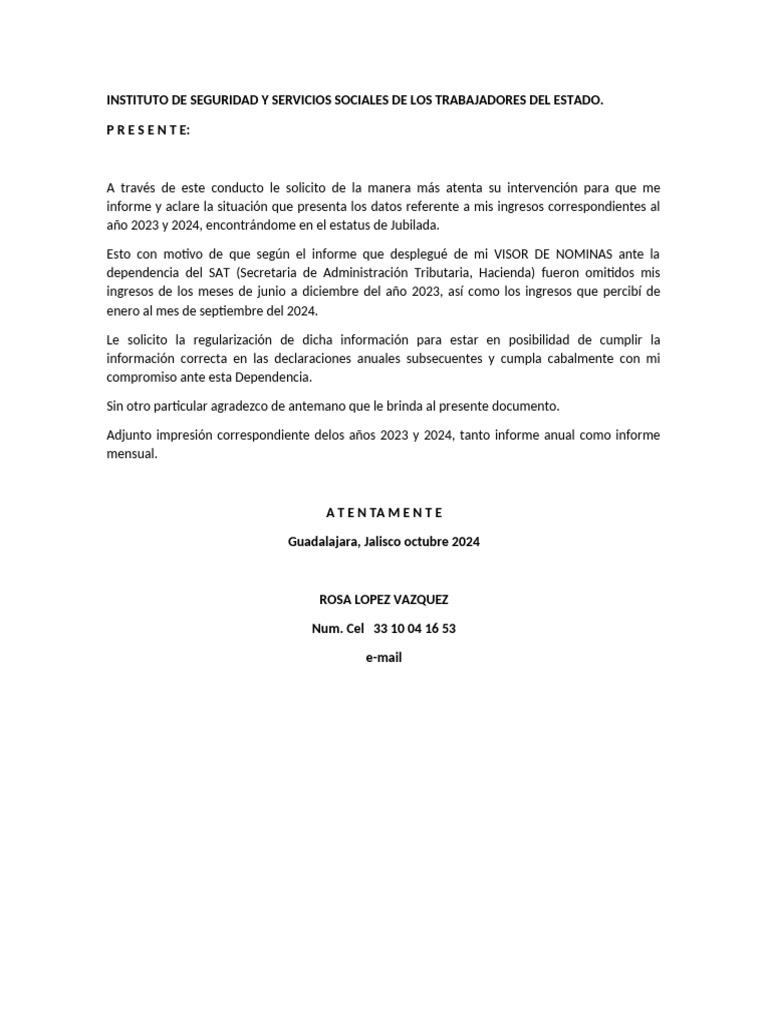 Solicitud de Aclaracion ISSSTE 2024 | PDF