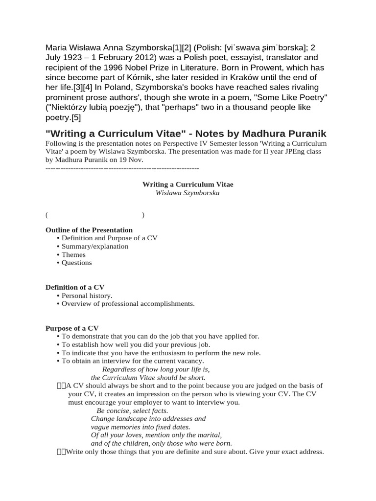 Maria Wisława Anna Szymborska | PDF | Poetry