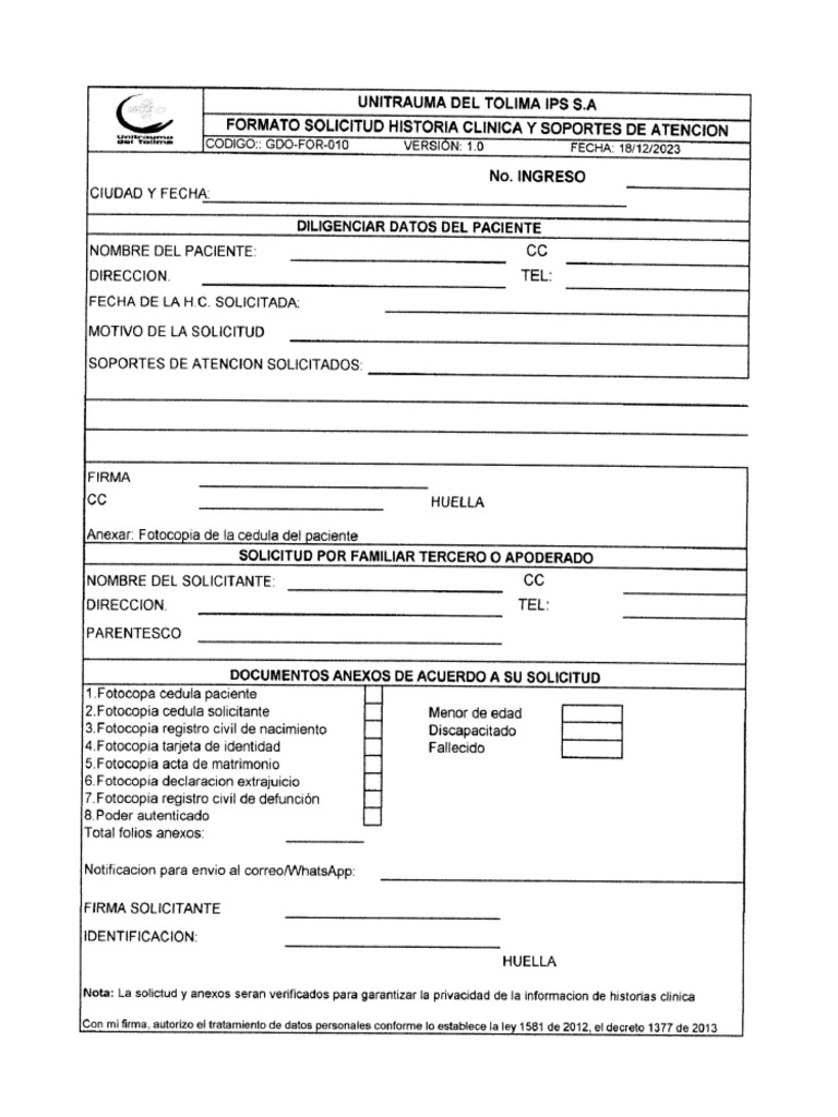 For-010 Formato Solicitud de Historia Clinica | PDF