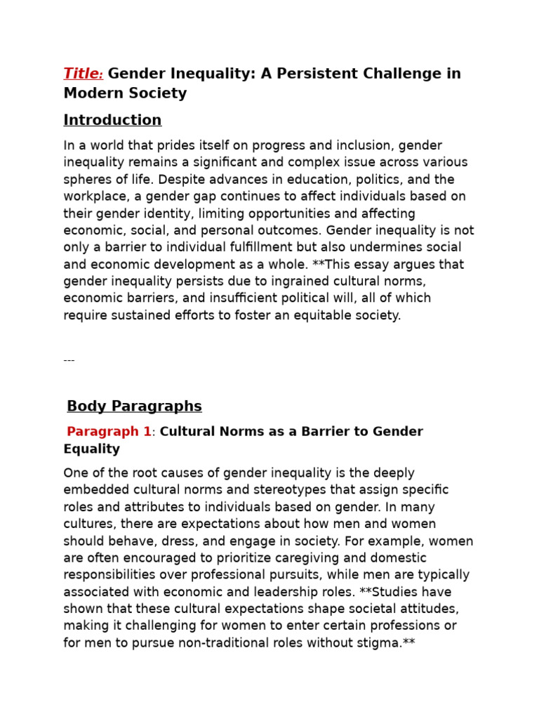 An Essay About Gender Inequality | PDF | Gender Studies | Gender Inequality