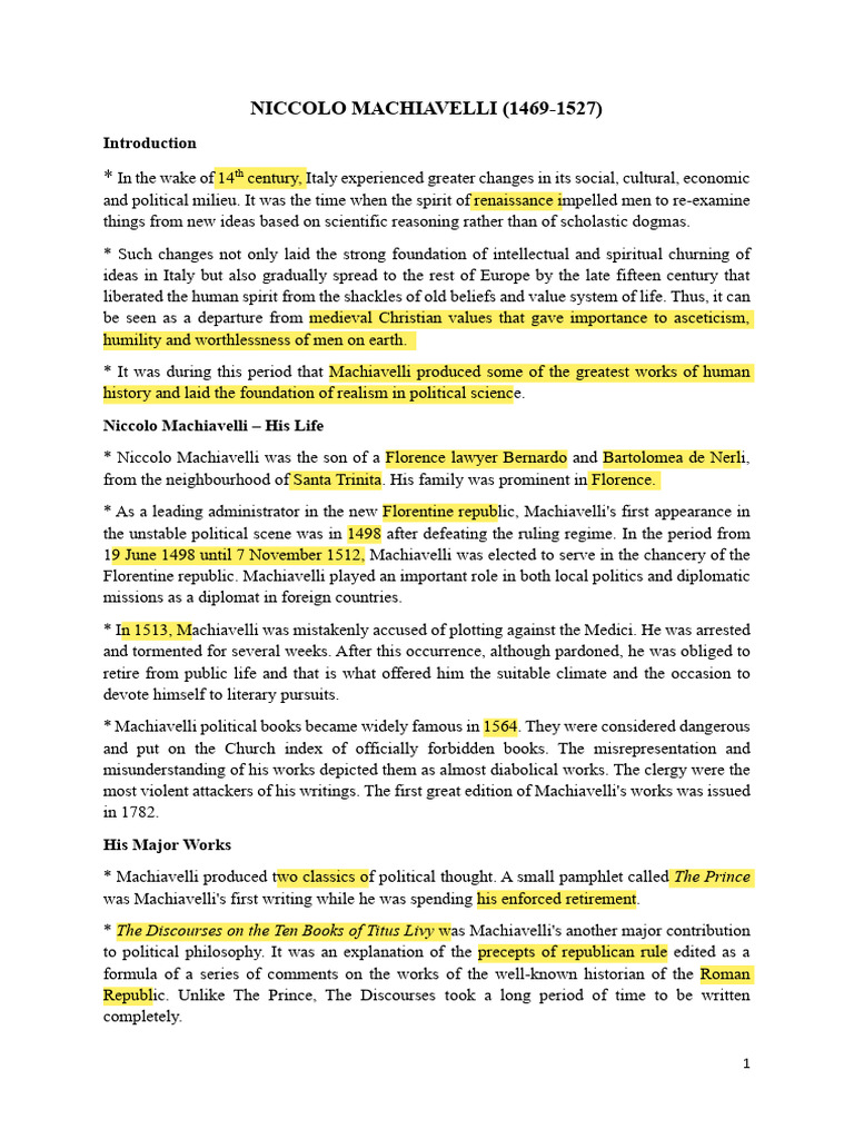 Machiavelli Notes | PDF | The Prince | Niccolò Machiavelli