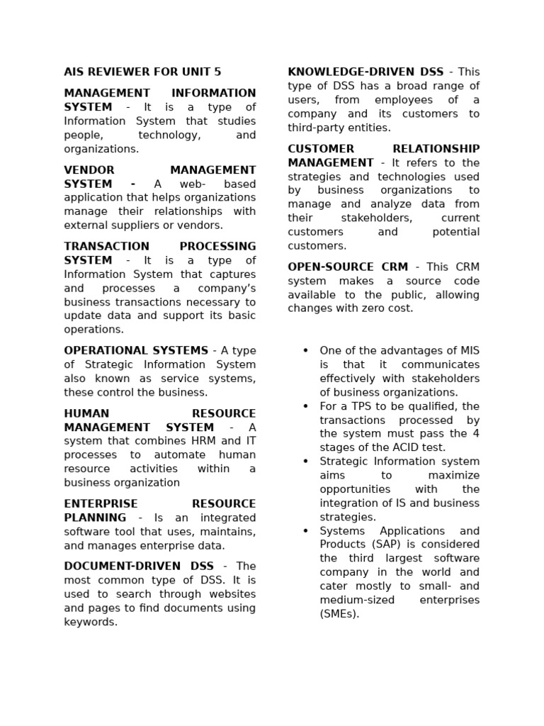 Ais Reviewer For Unit 5 | PDF | Customer Relationship Management | Systems Engineering