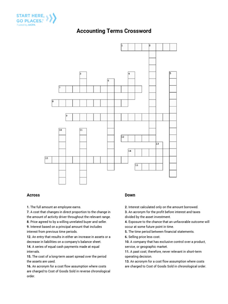 Accounting Terms Crossword Puzzle | PDF | Business | Finance & Money ...