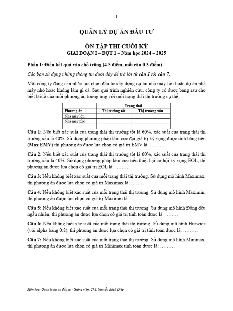 ÔN TẬP QLDA - 2024 2025 - GĐ I - Đợt 1 | PDF