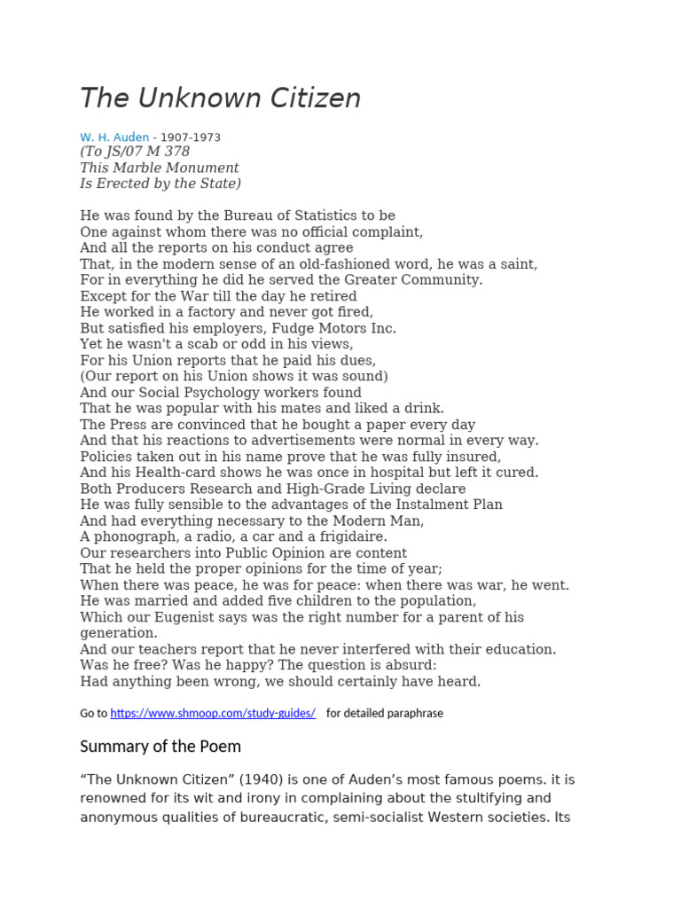 The Unknown Citizen | PDF | Poetry