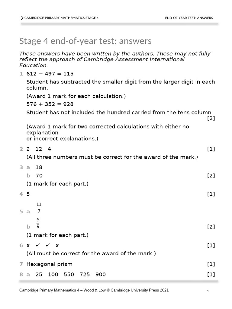 Prim Maths 4 2ed TR End of Year Test Answers | PDF | Mathematics