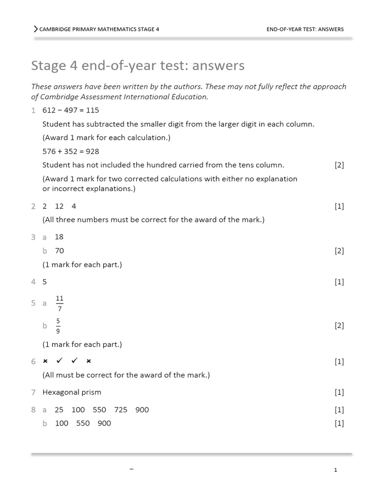 Primary Math Stage 4 Test Answers | PDF | Mathematics