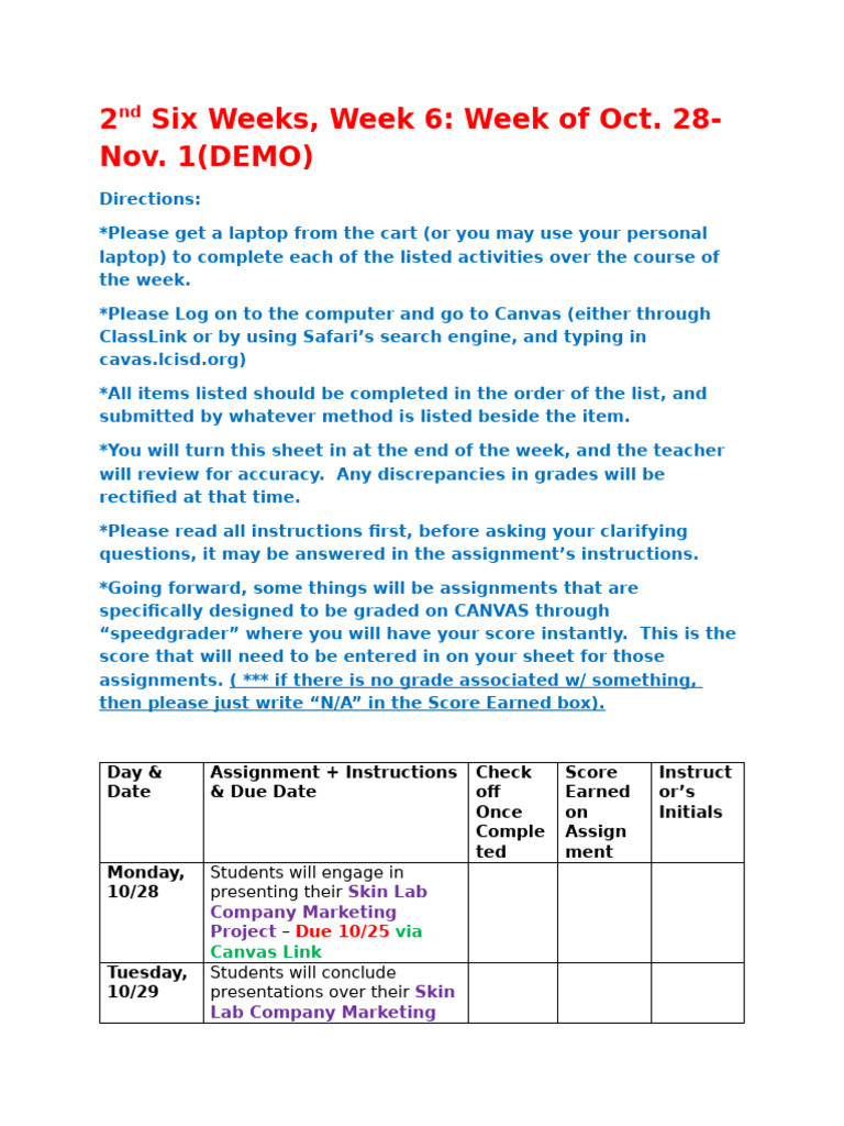 DEMO - Virtual and In-Class Weekly Assignment Sheet - SW2.6 | PDF | Cognition | Learning