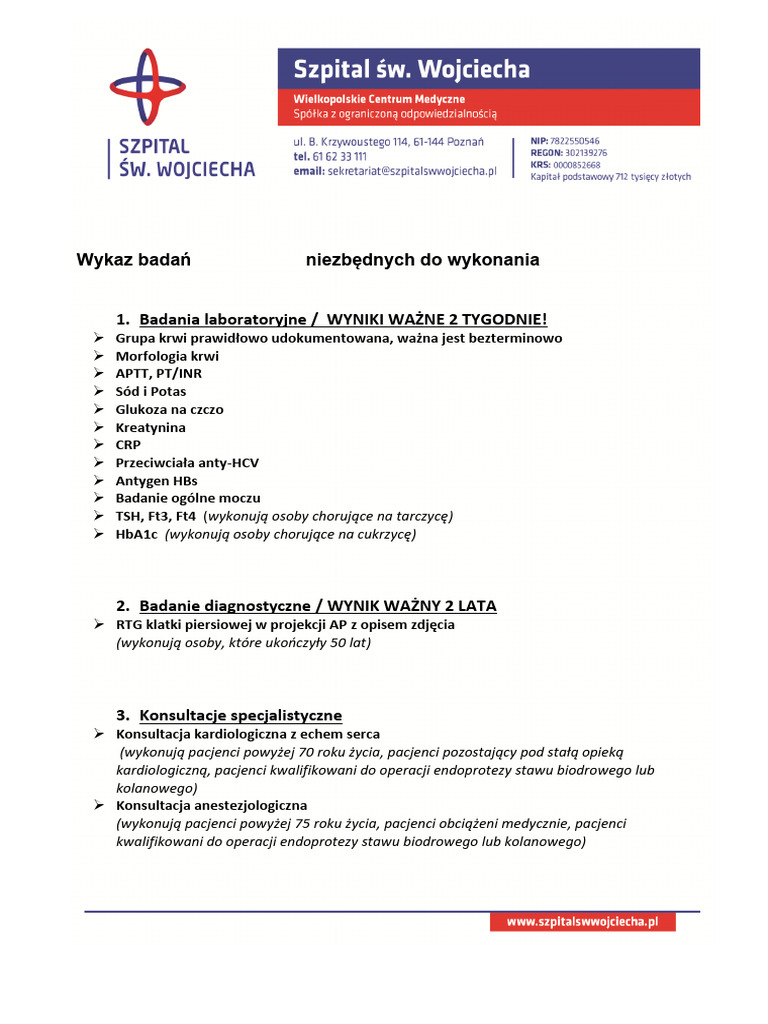 Wykaz Badan Potrzebnych Do Zabiegu | PDF