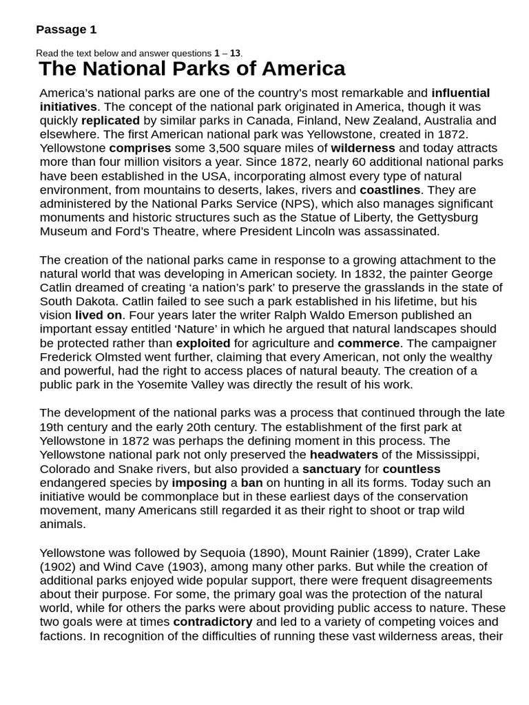 Passage 1 USA National Parks | PDF | National Park Service | Parks