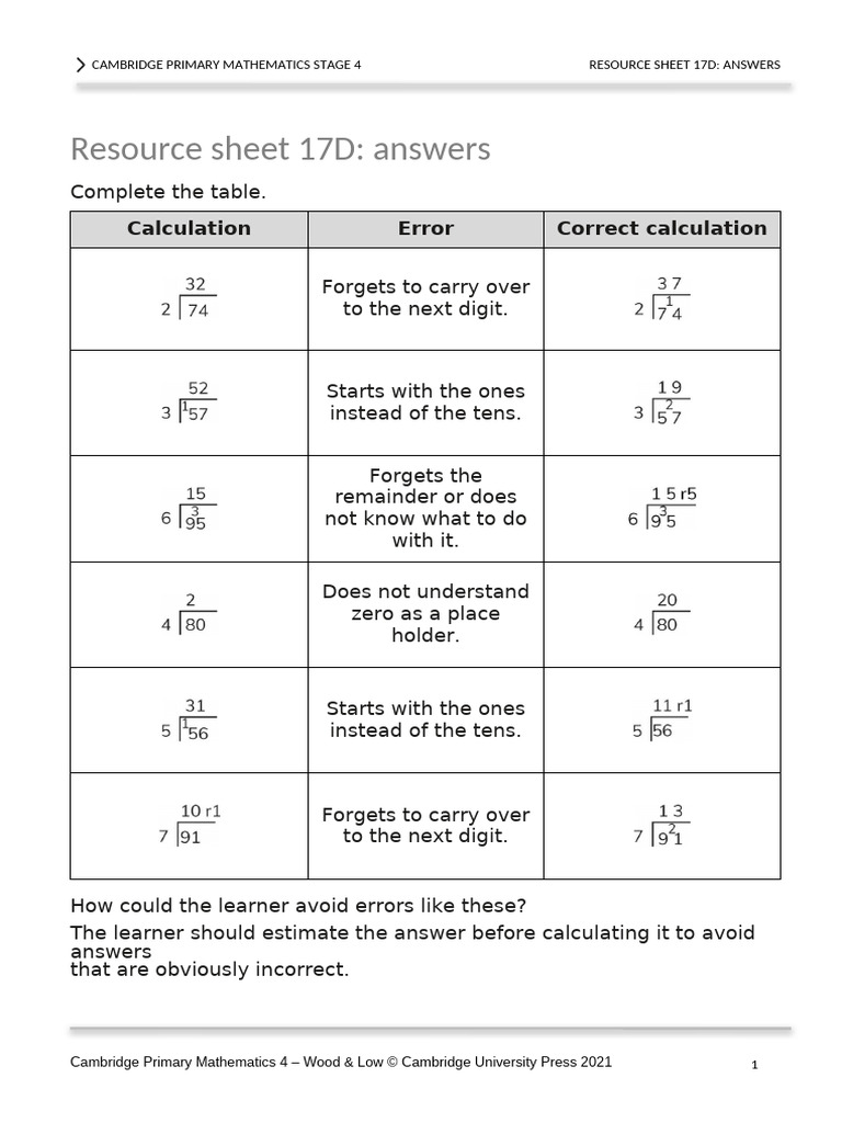 Prim Maths 4 2ed TR Resource Sheet Answers 17d | PDF