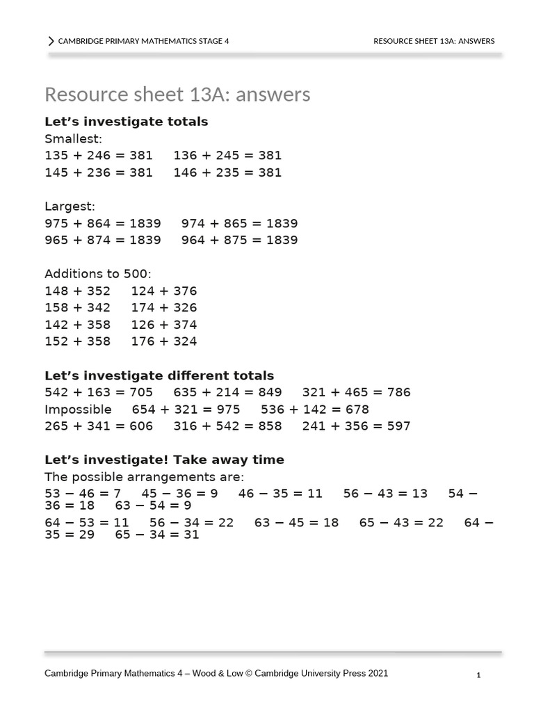 Prim Maths 4 2ed TR Resource Sheet Answers 13a | PDF