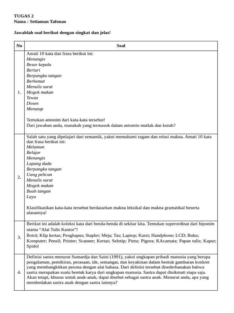 Soal - Tugas 2 Bahasa Dan Sastra Indonesia | PDF