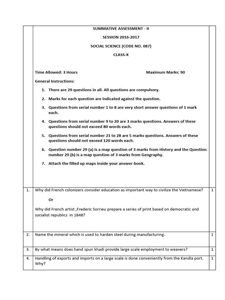 CBSE Sample Question Papers For Class 10 Social Science 2016-2017 | PDF ...