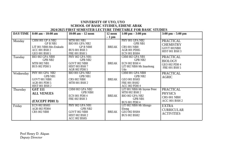 2025 First Semester Lecture Timetable | PDF
