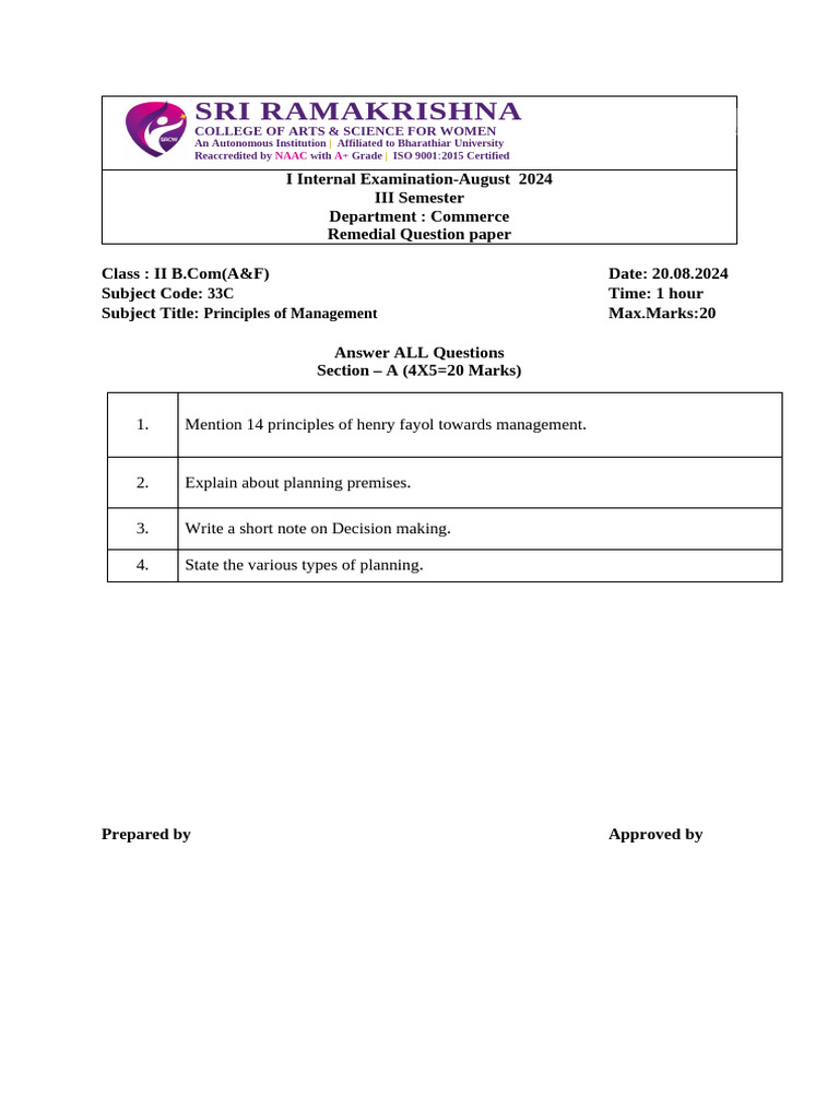 Principles of Management Remedial Document. | PDF