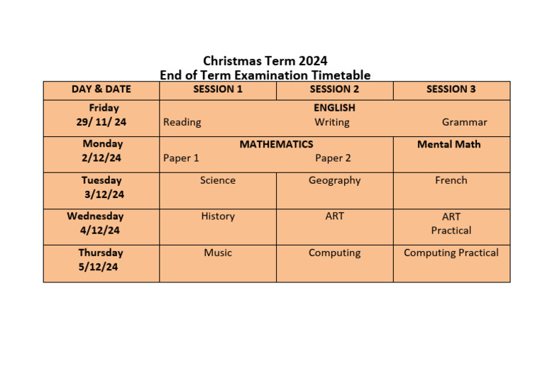 Christmas Exam Timetable 2024 | PDF