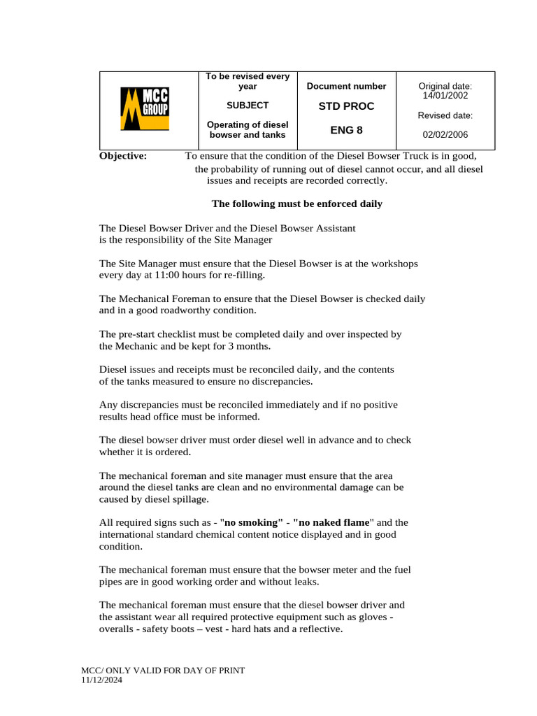 B Eng 8 Opertion of Diesel Bowser and Tanks Rev | PDF | Business | Home ...