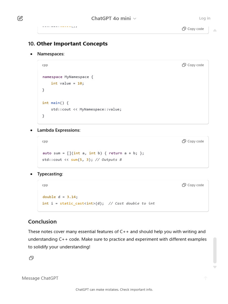 C++ Key Concepts: Namespaces, Lambdas, Typecasting | PDF